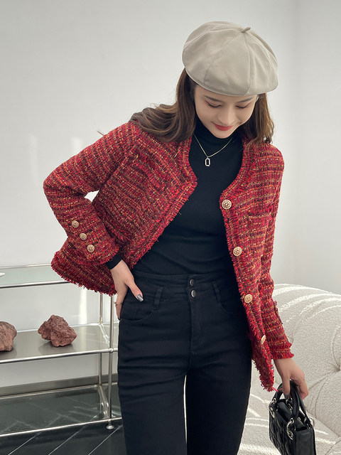 Tweed Red Chanel-Style Jacket for Women, Autumn and Winter French High ...