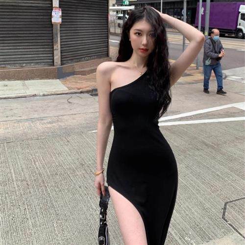 Black -shoulder sleeveless vest dress women's summer sexy girl split ...