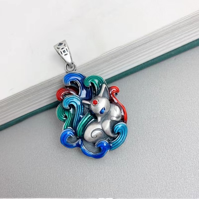 S925 silver nine-tailed fox cloisonné necklace sweater chain ethnic ...
