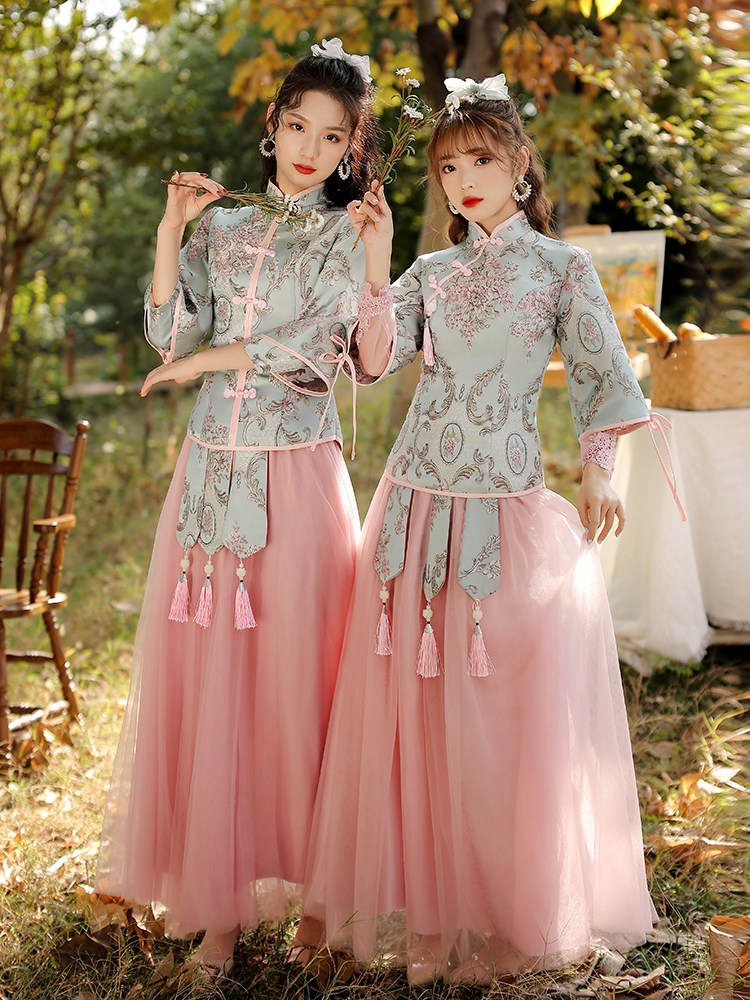Long Sleeve A-Line Polyester Dress - Chinese Style Bridesmaid/Party Gown