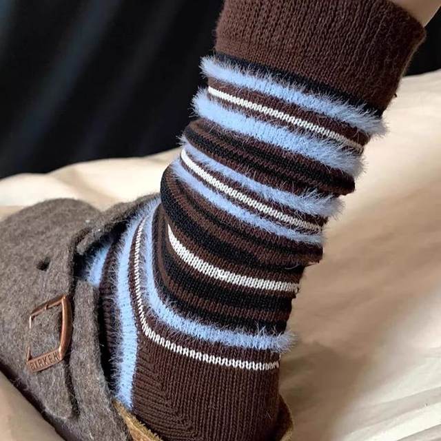 Autumn Maillard style ~ retro plush striped color-blocked socks ...