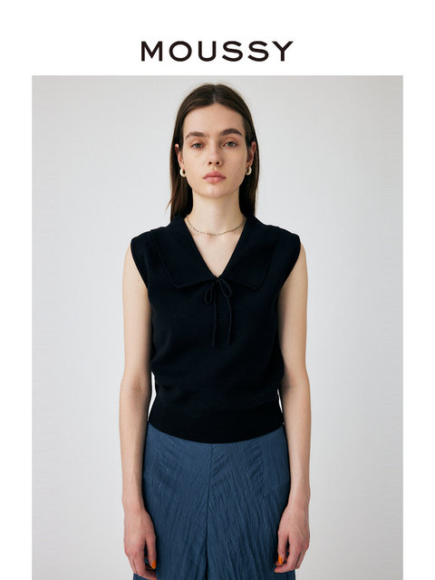 MOUSSY 2023 Spring and Summer New Product Contrast Striped Lace-up Navy Collar Vest Small Top ...