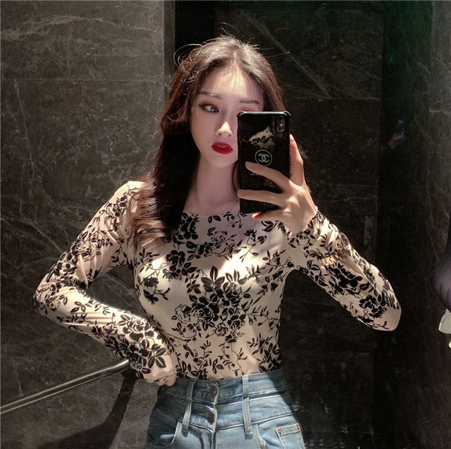 2022 early autumn new black thin sexy round neck lace base shirt mesh ...