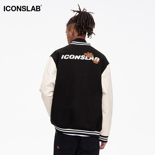 ics丨iconslab Bear Baseball Jacket Couple Cotton Jacket PU Leather ...