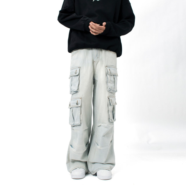 IREX flat pants! American heavy-duty washed light blue multi-pocket ...