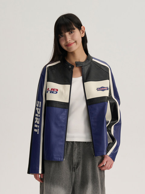 HeartBoon's contrasting motorcycle clothing female splicing leather ...