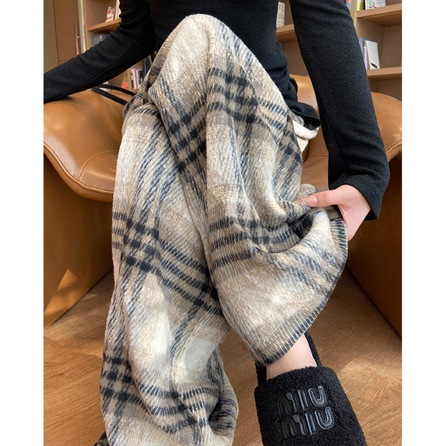 Ploves and thick hair grid pants female autumn and winter new retro ...