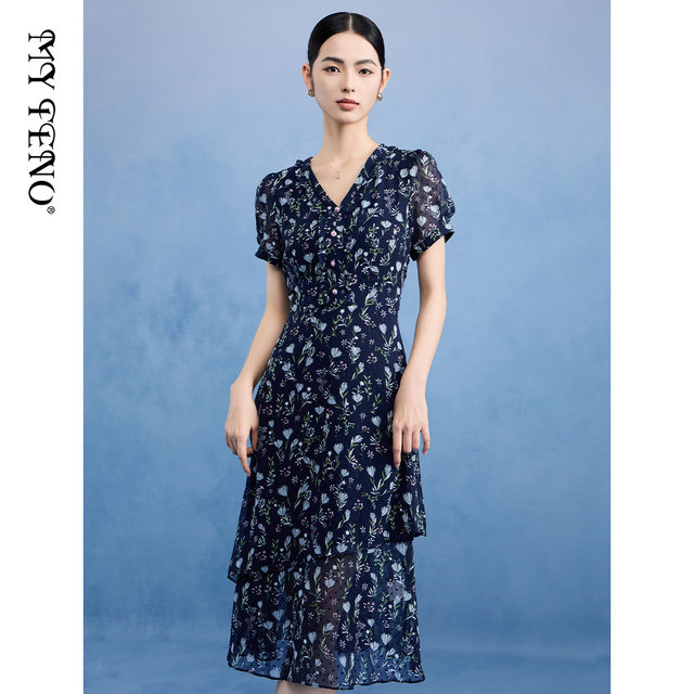 Ma Tiannu's summer new blue V -neck print dress short sleeve waist ...