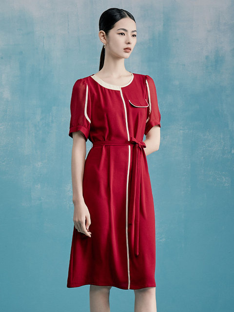 Ma Tiannu pure color round neck short -sleeved dress, waist lace ...