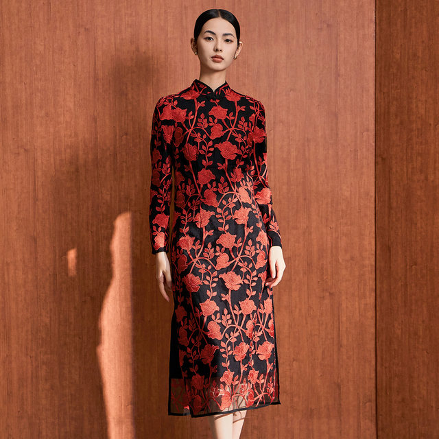 Ma Tiannu 2024 Autumn New Red Embroidered Nets Gine Cheongsam New ...