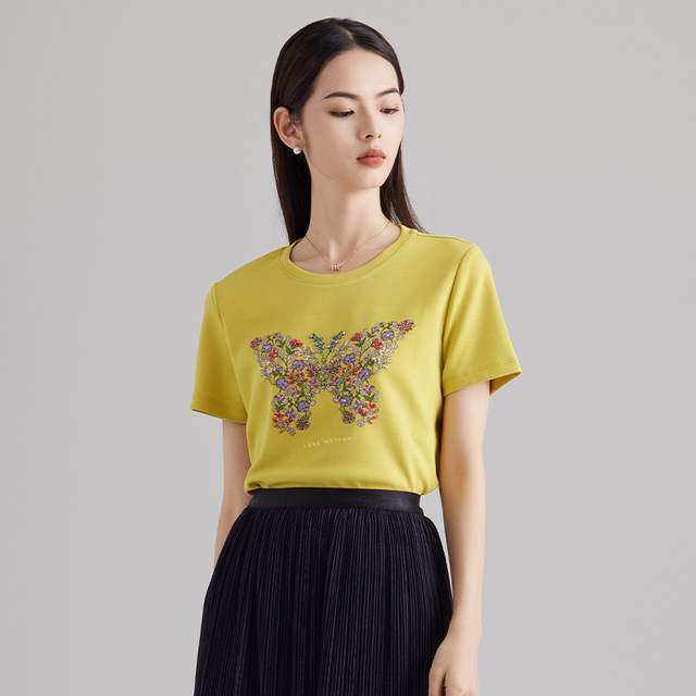 Ma Tiannu 2024 Summer new solid color printed bead T -shirt round neck ...