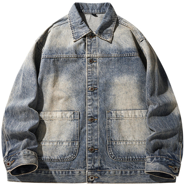 Nostalgic classic retro yellow mud-dyed washed workwear denim jacket ...