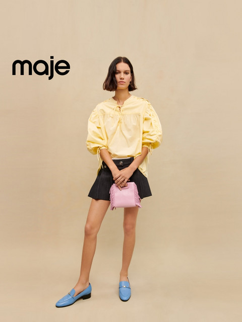 Maje Outlets Women's French Fashion Cotton Lace-up Puff Sleeve Yellow ...