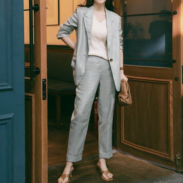 Miki's same style casual imitation linen suit for women in summer thin cotton and linen fashion ...