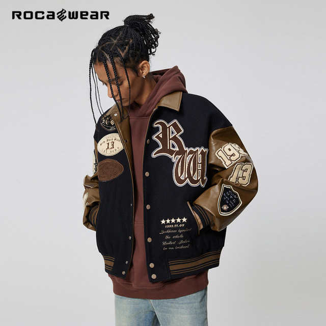Rocawear PU leather color block heavy baseball jacket Maillard wind ...