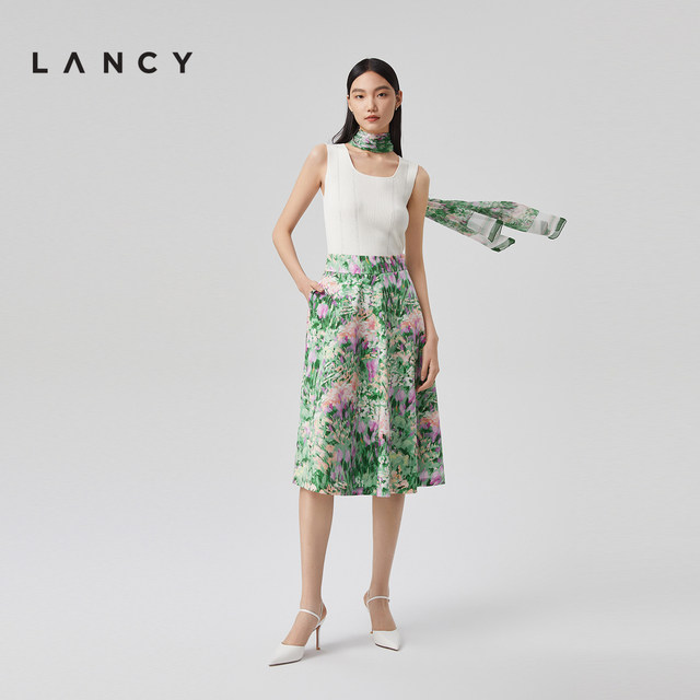 Lance/Langzi summer new high -waisted silk printed A -line skirt ...