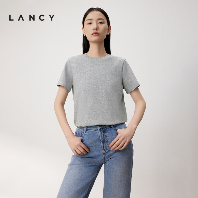 LANCY/Langzi 2024 summer new style gray round neck bright pink short ...