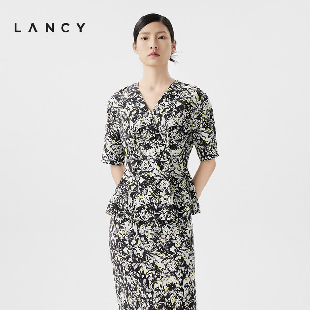 LANCY/Langzi 2024 summer mulberry silk v-neck black and white floral shirt overlapping collar ...