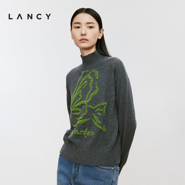 LANCY/Langzi 2024 winter new style wool cashmere jacquard half turtleneck sweater women's design ...