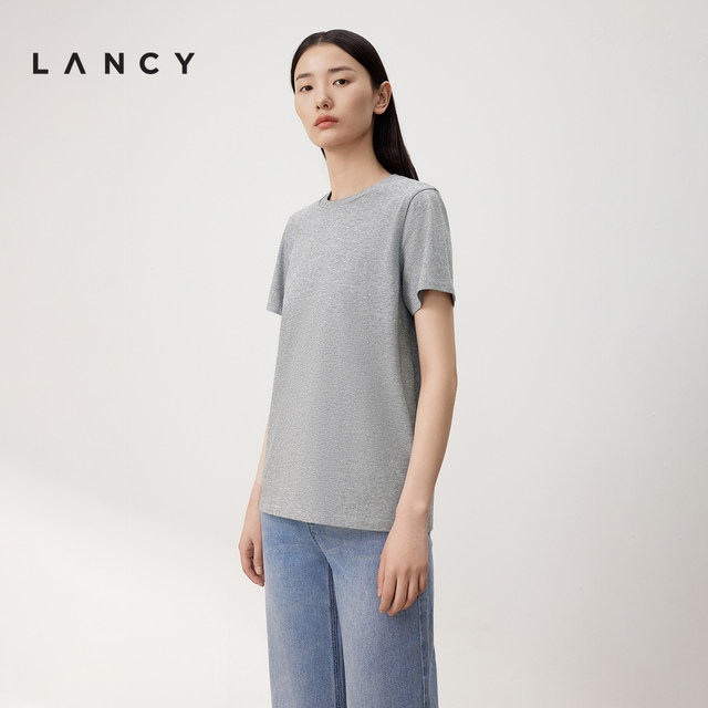 LANCY/Langzi 2024 summer new style gray round neck bright pink short ...