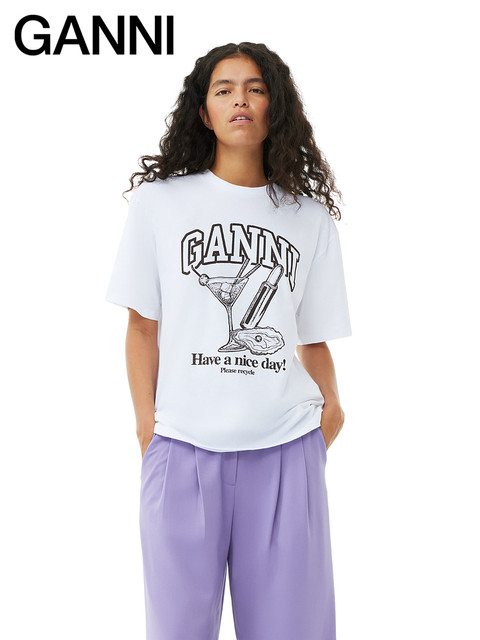 Ganni women's bright white pattern printing casual round neck cotton T ...