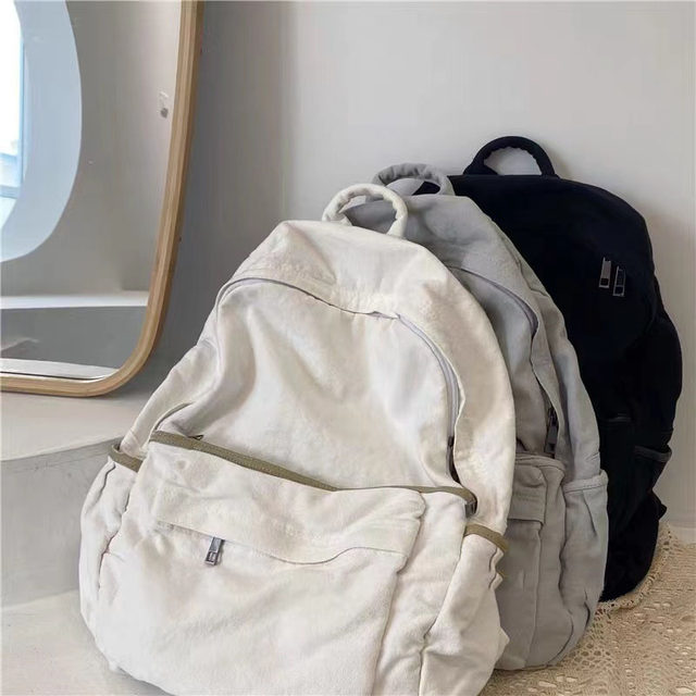 2024 New School Bag Women's Ins Washed Canvas Backpack Simple Solid ...