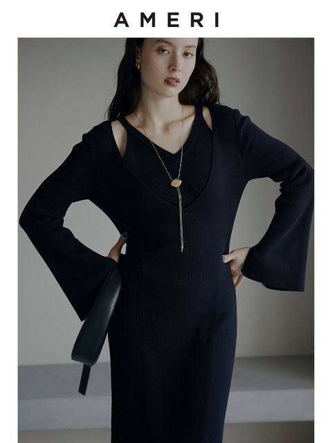 AMERI autumn and winter casual deep V off-shoulder slim lady textured skirt sweater dress ...