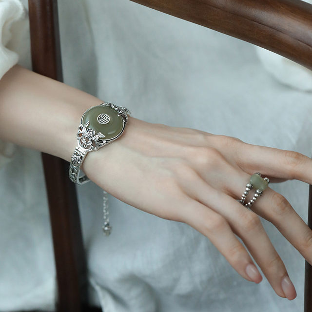 925 silver new Chinese style retro Hetian jade peace buckle bracelet ...