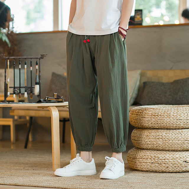 Summer bloomers men's Chinese style men's pants linen cotton linen casual wide leg loose retro ...