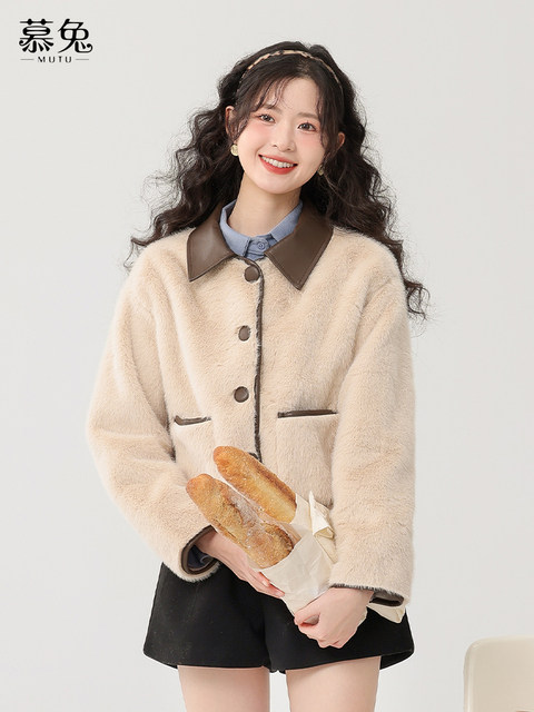 Eryi retro pu leather spliced plush jacket for women 2024 winter new ...