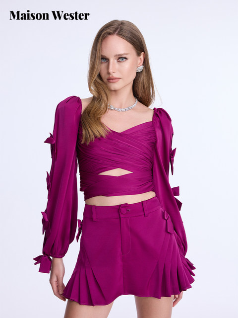 Maison Wester2025 Spring New Wave Style Satin Streamer Bow Top Shorts Set
