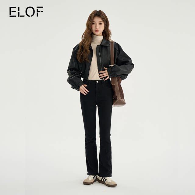 ELOF black micro-flare jeans 2024 new spring and summer high-waist slim ...
