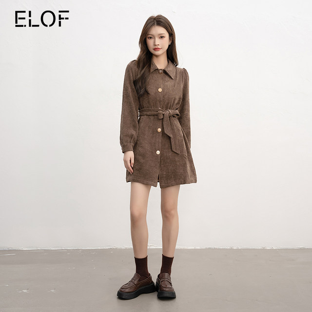 ELOF winter temperament retro strapped corduroy long-sleeved dress for ...