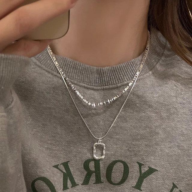 Double -layer stacked silver necklace women's high -level sweater chain ...
