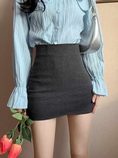 Black Woolen Hip-Hugging Skirt, Asymmetrical Women's Short Skirt, 2024 New Style, High-Waisted ...