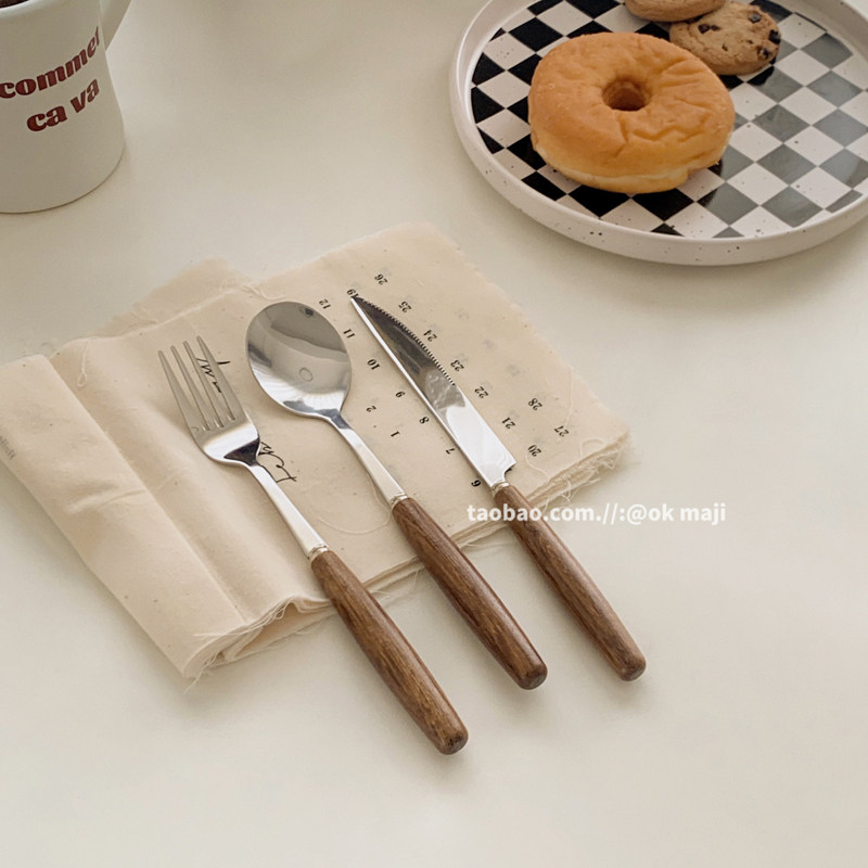 Korean Ins Style Chicken Wings Wooden Handle Knife and Fork Spoon Set ...