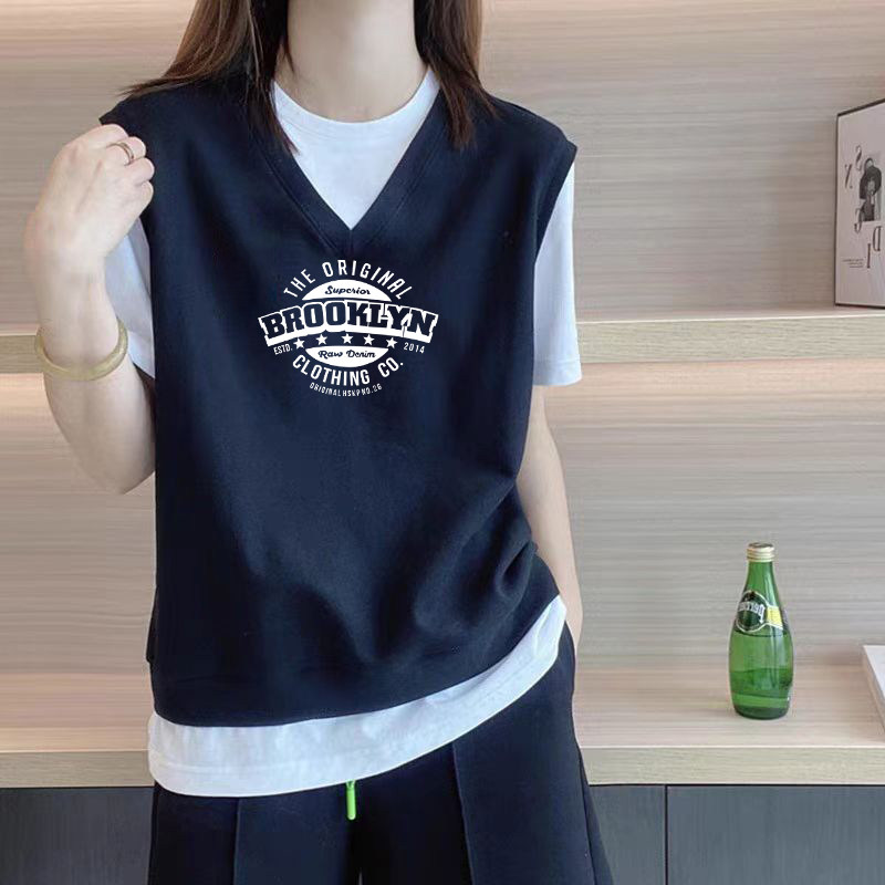 Pure cotton contrast color fake two-piece short-sleeved T-shirt for ...
