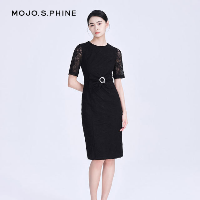 MOJO Mozo lace woven dress waist slimming French round neck temperament ...
