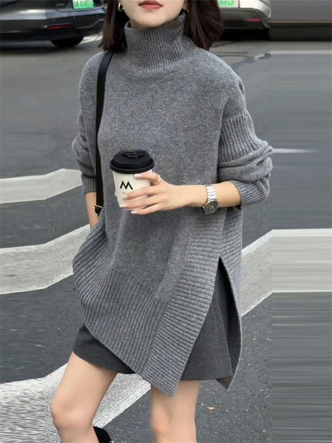 Retro design high neck long sleeve chic slit sweater knitted sweater ...