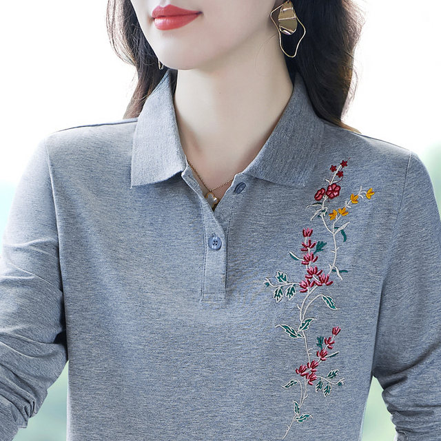 Embroidered long -sleeved POLO shirt Female Spring Ocean Qi Mom T ...