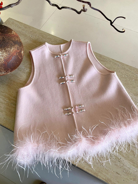 New Chinese style ostrich feather splicing double-sided woolen vest for ...