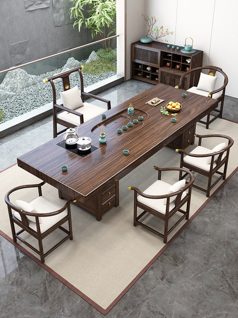 Wujin Wood Solid Wood Large Board Tea Table and Chair Combination ...