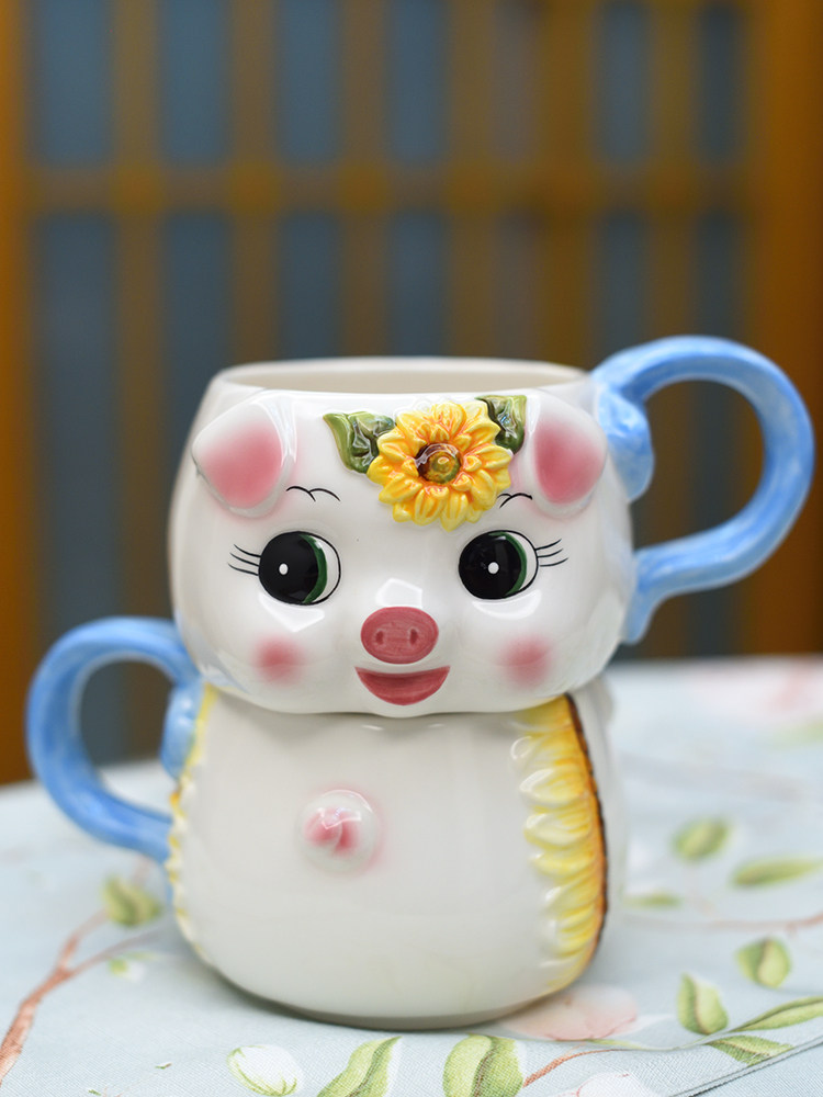 Functionart セラミック ピッグ カップル マグ - ひまわりとバラのデザイン