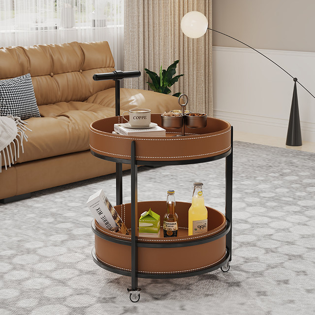 Italian saddle leather trolley, movable coffee table with wheels, snack ...