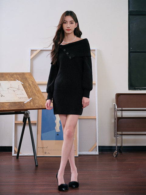 DARIN DARIN lapel knitted dress for women retro temperament lazy style ...