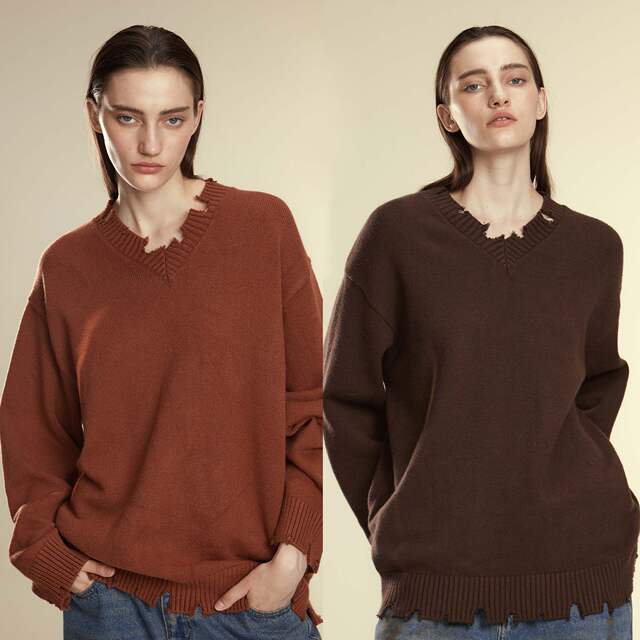 KiKat/Maillard color destroyed V-neck circle yarn knitted long-sleeved ...