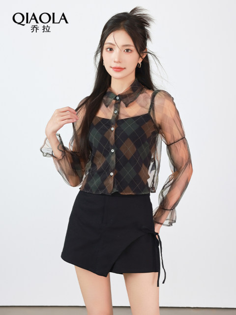 Jora 2024 summer new plaid encrypted net Chinese fashion top shorts set