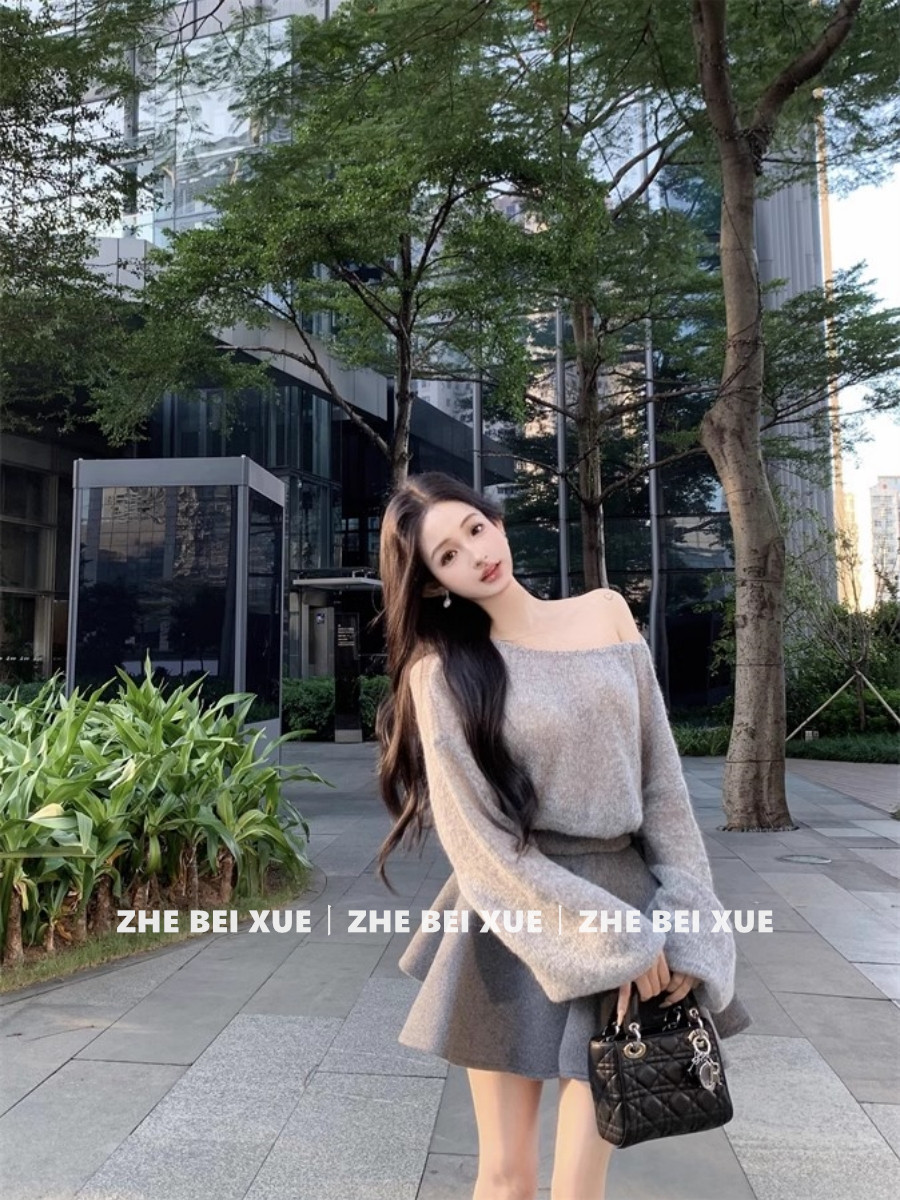 A complete set of ootd outfits with gray round neck long sleeve sweater ...