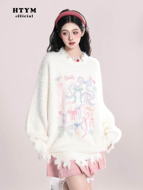 Htym Art Miracle Lazy Style Soft and Fluffy Bow Irregular Knit Sweater Women's Winter Mohair Top