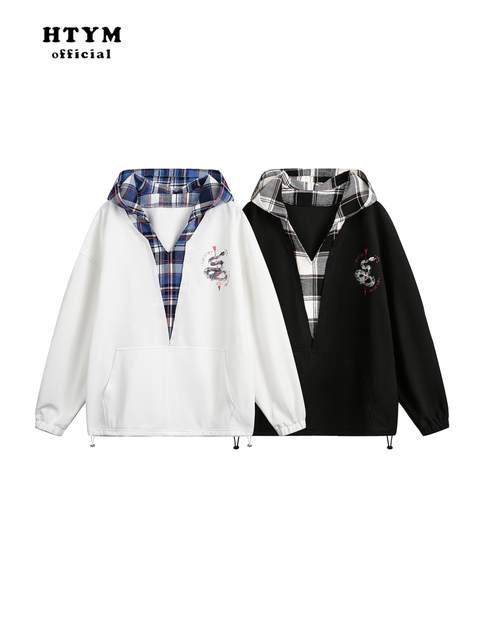 Htym No Man's Land Lazy Style Jacket Sweatshirt Spring New Design Plaid Hooded Fake Two-Piece Top
